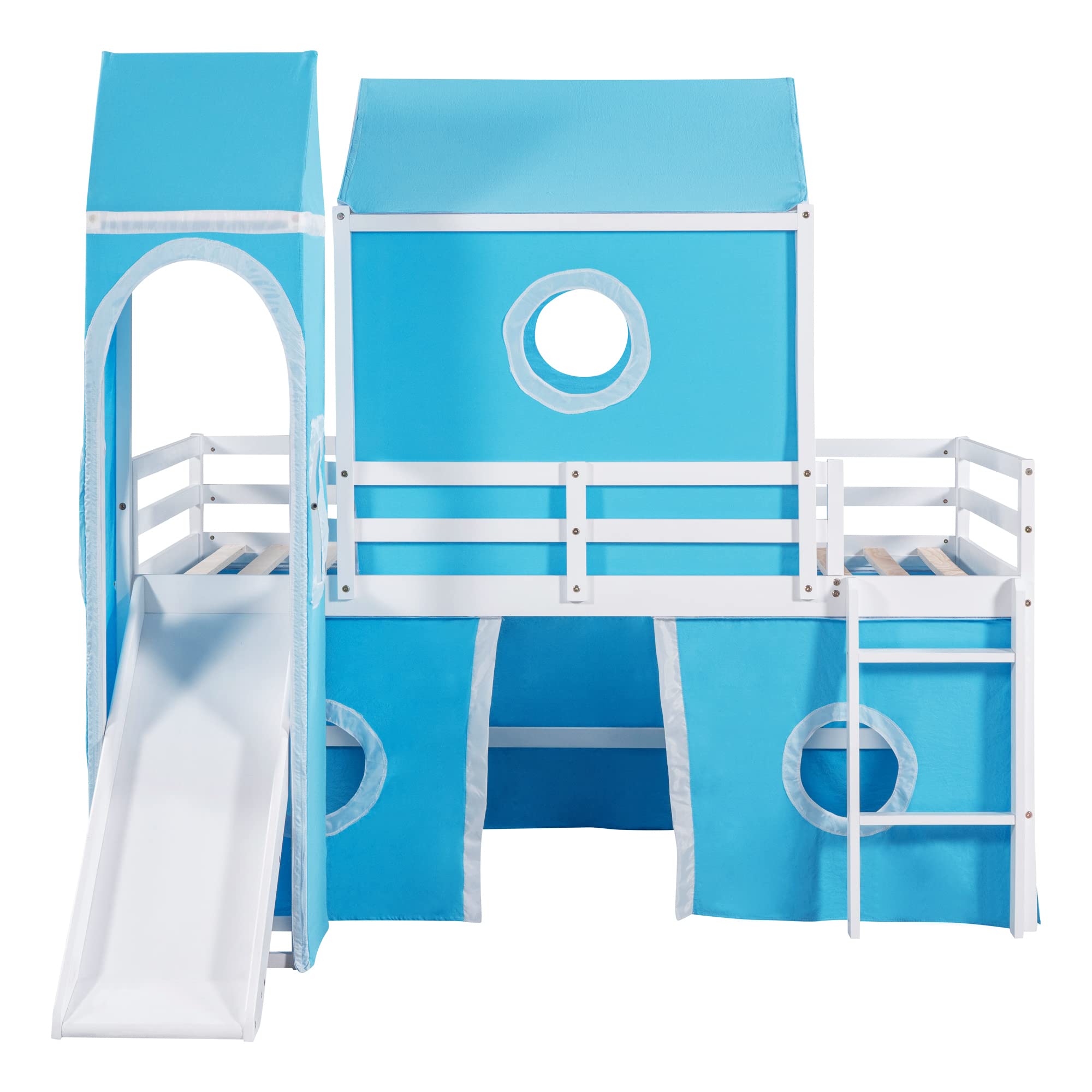 Harper & Bright Designs House Loft Bed with Slide and Tent, Twin Size Loft Bed with Small Pinnacle and Ladders, Wood Bunk Bed, Playhouse Bed Frame for Kids, Teens, Boys & Girls (Twin Size, Blue)