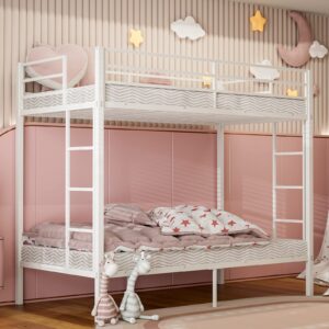 ikifly metal twin over twin bunk bed, heavy duty twin bunk bed frame with 2 built-in ladders, safety guard rail, space-saving design, for kids, teens, adults - no box spring needed - white