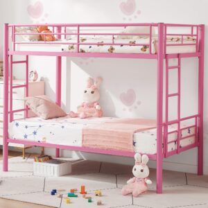 vecelo metal bunk bed twin over twin, industrial bunkbeds with ladder and full-length guardrail, noise free, no boxing spring needed, pink