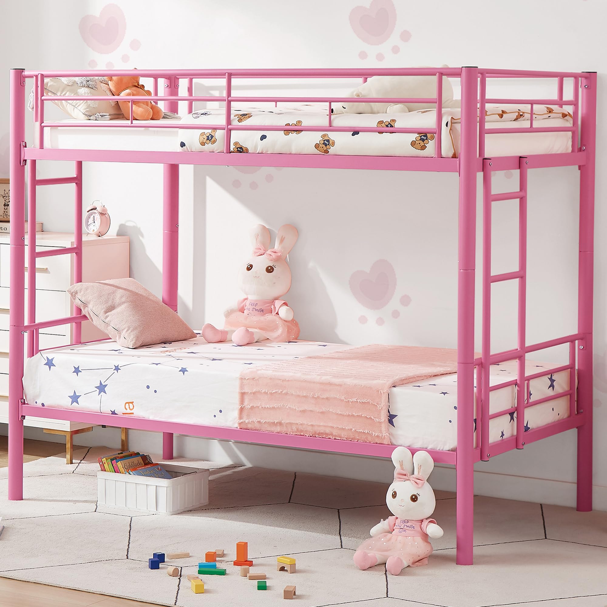 VECELO Metal Bunk Bed Twin Over Twin, Industrial Bunkbeds with Ladder and Full-Length Guardrail, Noise Free, No Boxing Spring Needed, Pink