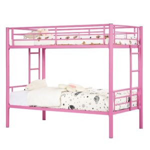 VECELO Metal Bunk Bed Twin Over Twin, Industrial Bunkbeds with Ladder and Full-Length Guardrail, Noise Free, No Boxing Spring Needed, Pink