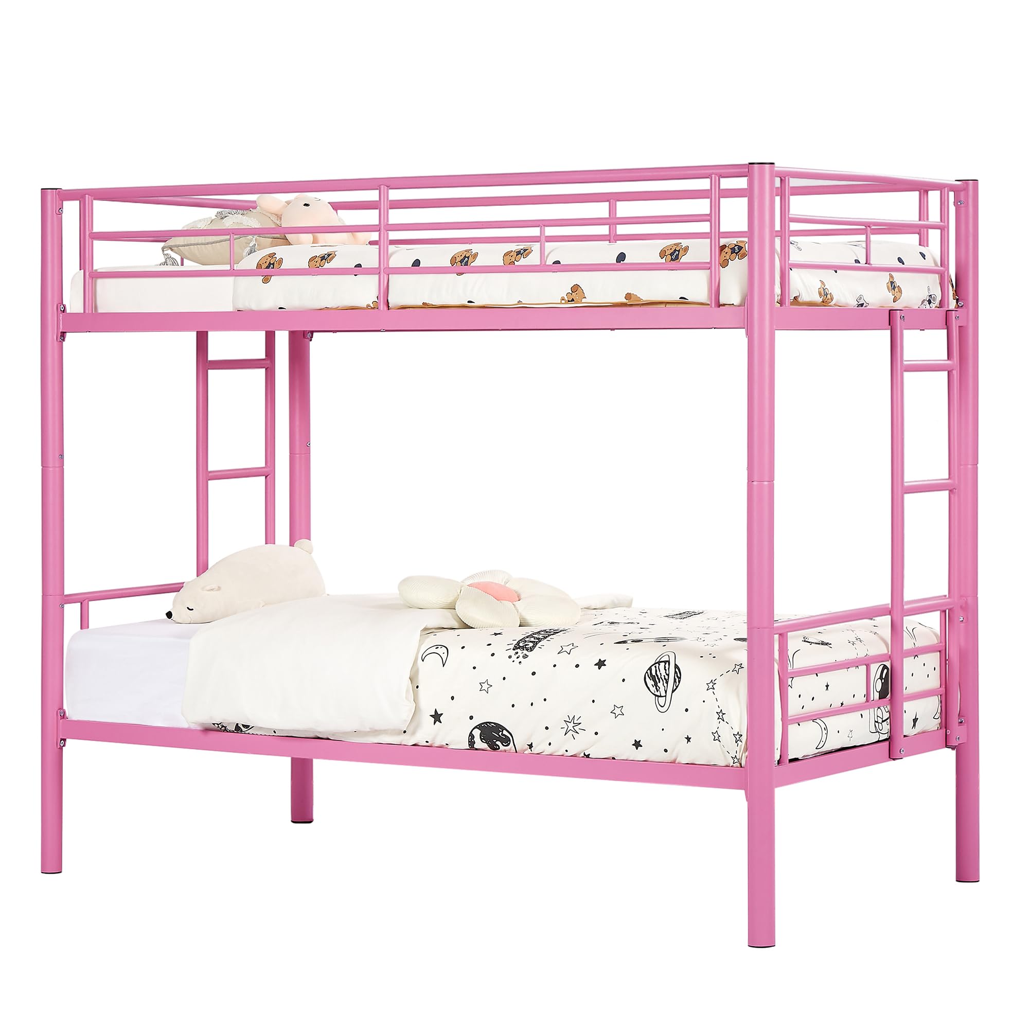 VECELO Metal Bunk Bed Twin Over Twin, Industrial Bunkbeds with Ladder and Full-Length Guardrail, Noise Free, No Boxing Spring Needed, Pink