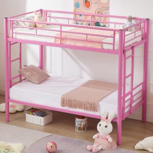 VECELO Metal Bunk Bed Twin Over Twin, Industrial Bunkbeds with Ladder and Full-Length Guardrail, Noise Free, No Boxing Spring Needed, Pink