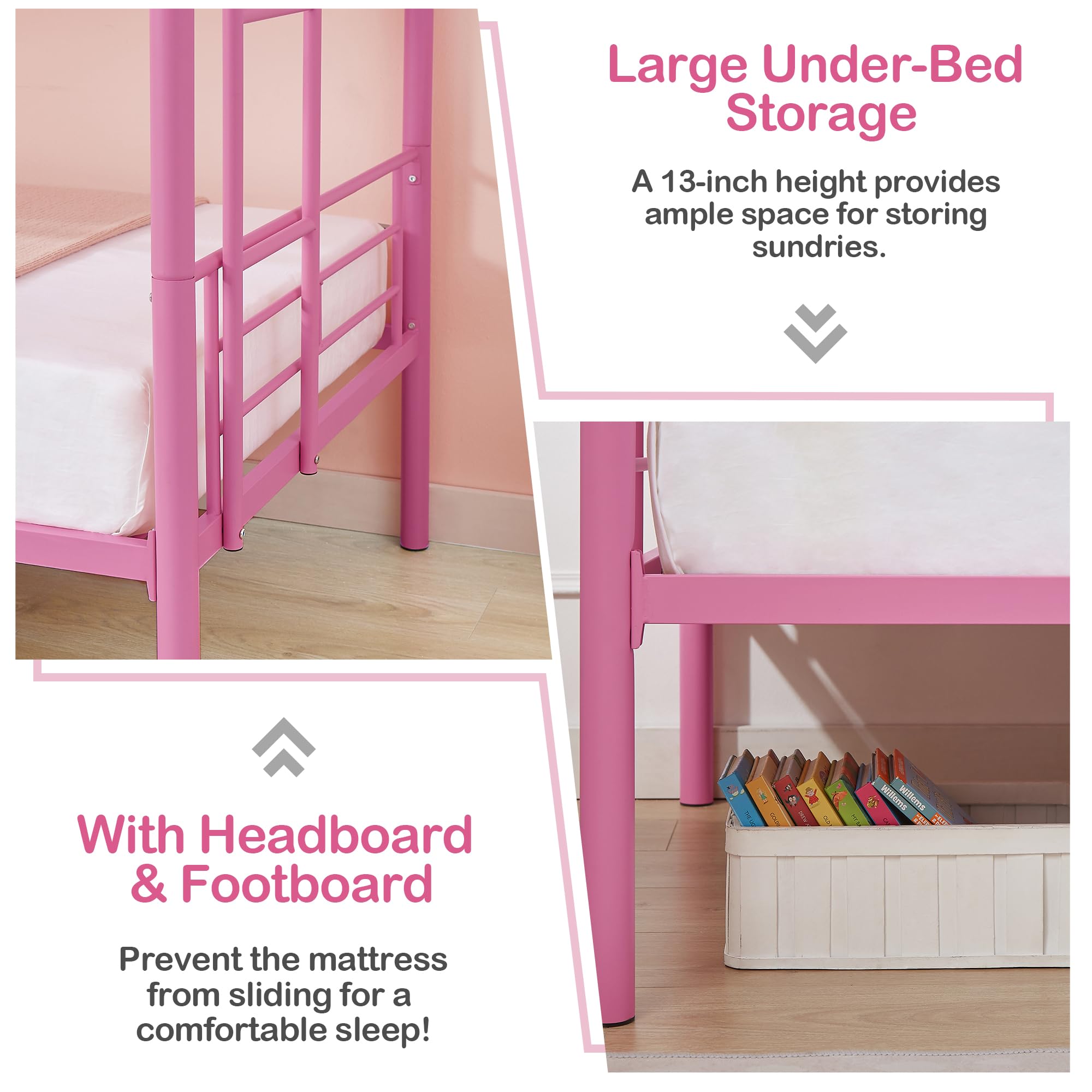 VECELO Metal Bunk Bed Twin Over Twin, Industrial Bunkbeds with Ladder and Full-Length Guardrail, Noise Free, No Boxing Spring Needed, Pink