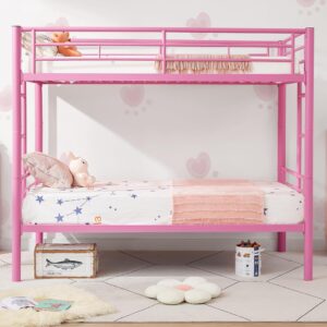 VECELO Metal Bunk Bed Twin Over Twin, Industrial Bunkbeds with Ladder and Full-Length Guardrail, Noise Free, No Boxing Spring Needed, Pink