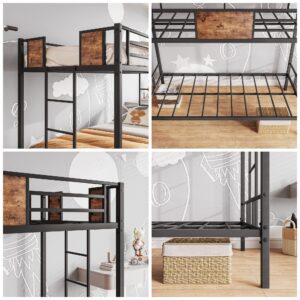 JURMERRY Metal Bunk Bed Twin Over Twin with Guardrail Ladder,No Box Spring Needed, Noise Free,Black Color