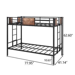 JURMERRY Metal Bunk Bed Twin Over Twin with Guardrail Ladder,No Box Spring Needed, Noise Free,Black Color