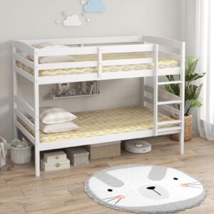 giantex bunk bed twin over twin, solid wood detachable bed frame with high guardrails & integrated ladder, wooden slatted bunk bed for kids & teens, no box spring needed, white