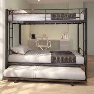 emkk twin over twin metal bunk bed with trundle heavy duty bunk beds frame with 2 side ladders convertible bunkbed with safety guard rails,triple metal bunk bed frame, no box spring needed