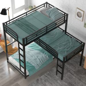 softsea heavy duty triple bunk bed for kids, metal l-shaped bunk bed for 3 kids, twin over twin over twin bunk bed, space saving