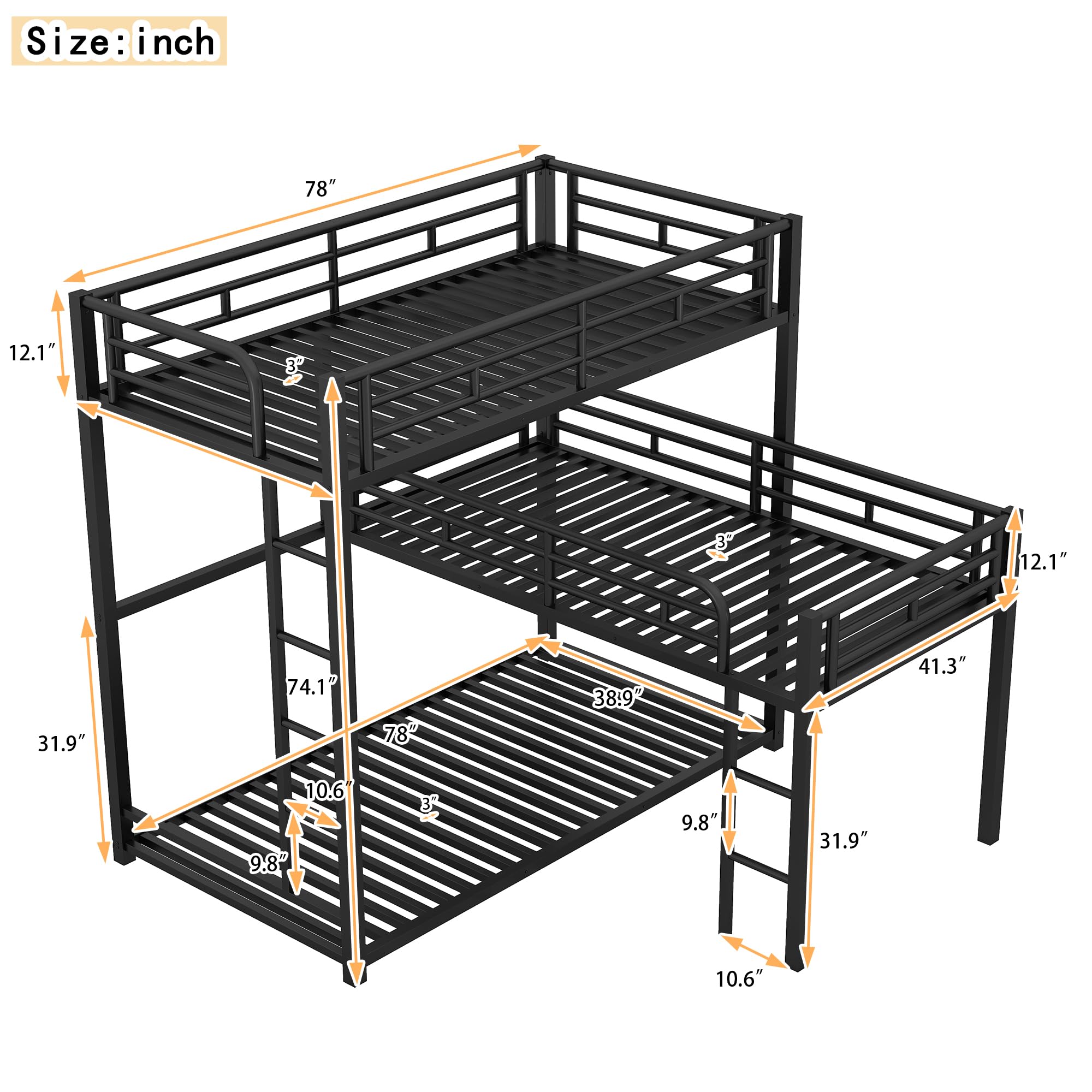 SOFTSEA Heavy Duty Triple Bunk Bed for Kids, Metal L-Shaped Bunk Bed for 3 Kids, Twin Over Twin Over Twin Bunk Bed, Space Saving