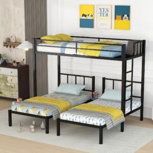 bellemave metal triple bunk bed for 3, twin over twin&twin size bunk bed with built-in shelf, can be divided into 3 separate beds, for kids teens adults (black)