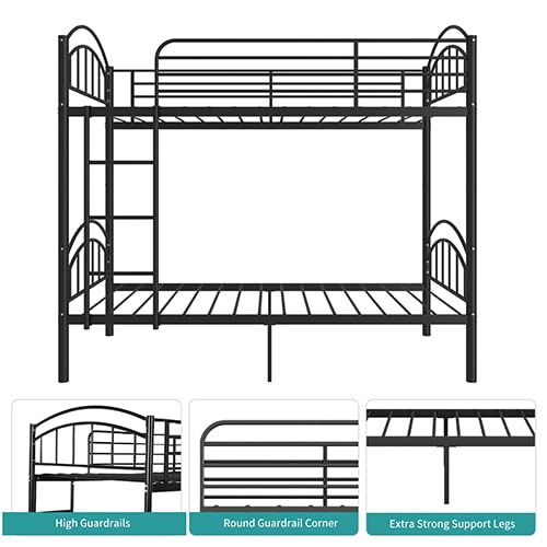 Lumelay Twin Over Twin Bunk Bed, Convertible Metal Bed Frame, Easy Assembly, Full-Length Guardrail, Space-Saving (Black)