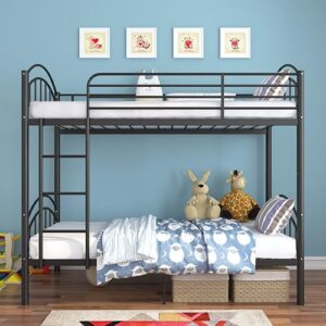 lumelay twin over twin bunk bed, convertible metal bed frame, easy assembly, full-length guardrail, space-saving (black)