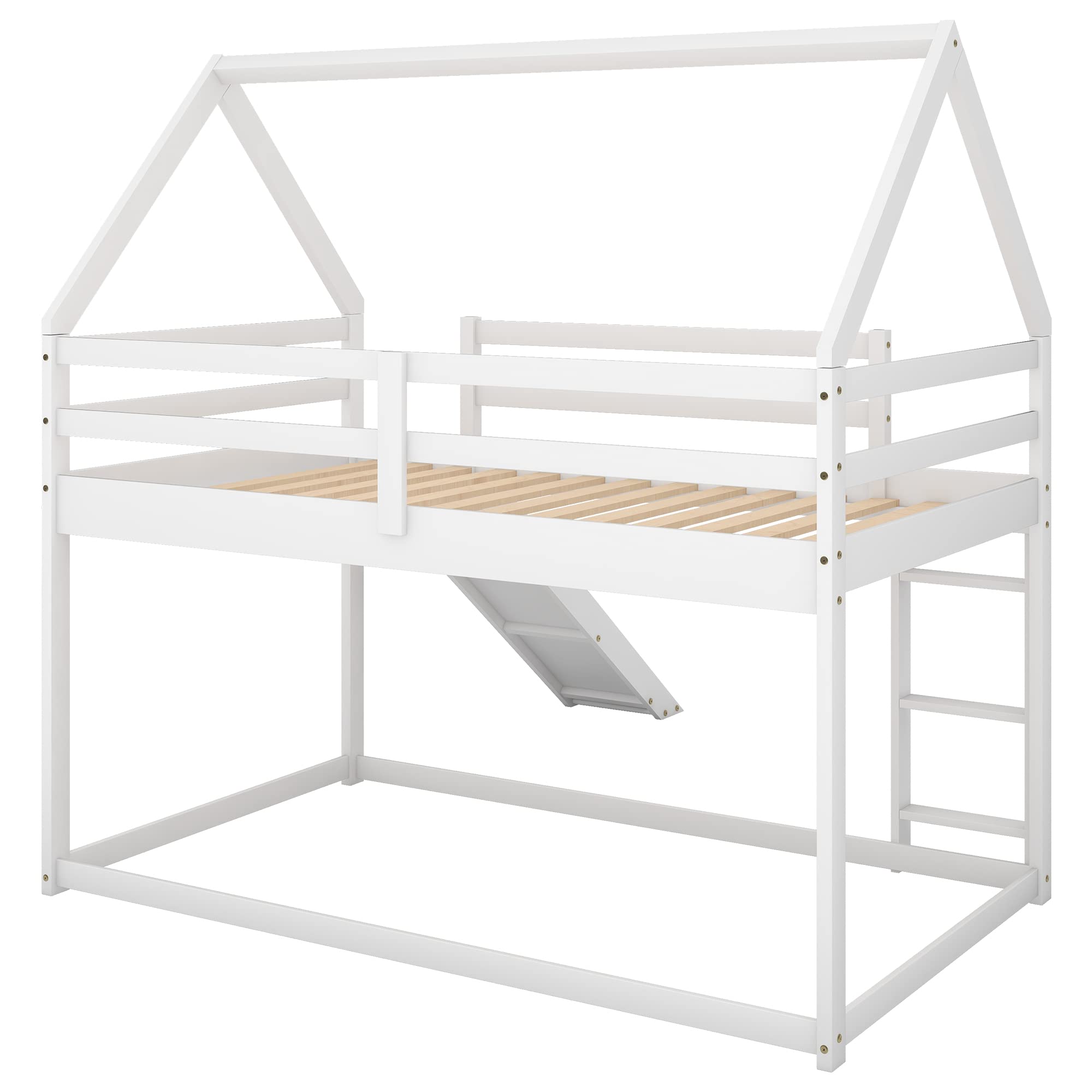 MERITLINE House Bunk Bed with Slide, Twin Bunk Beds for Kids,Wood Bunk Beds with Slide and Roof, Slide Bunk Bed with Ladder for Girls, Boys,White