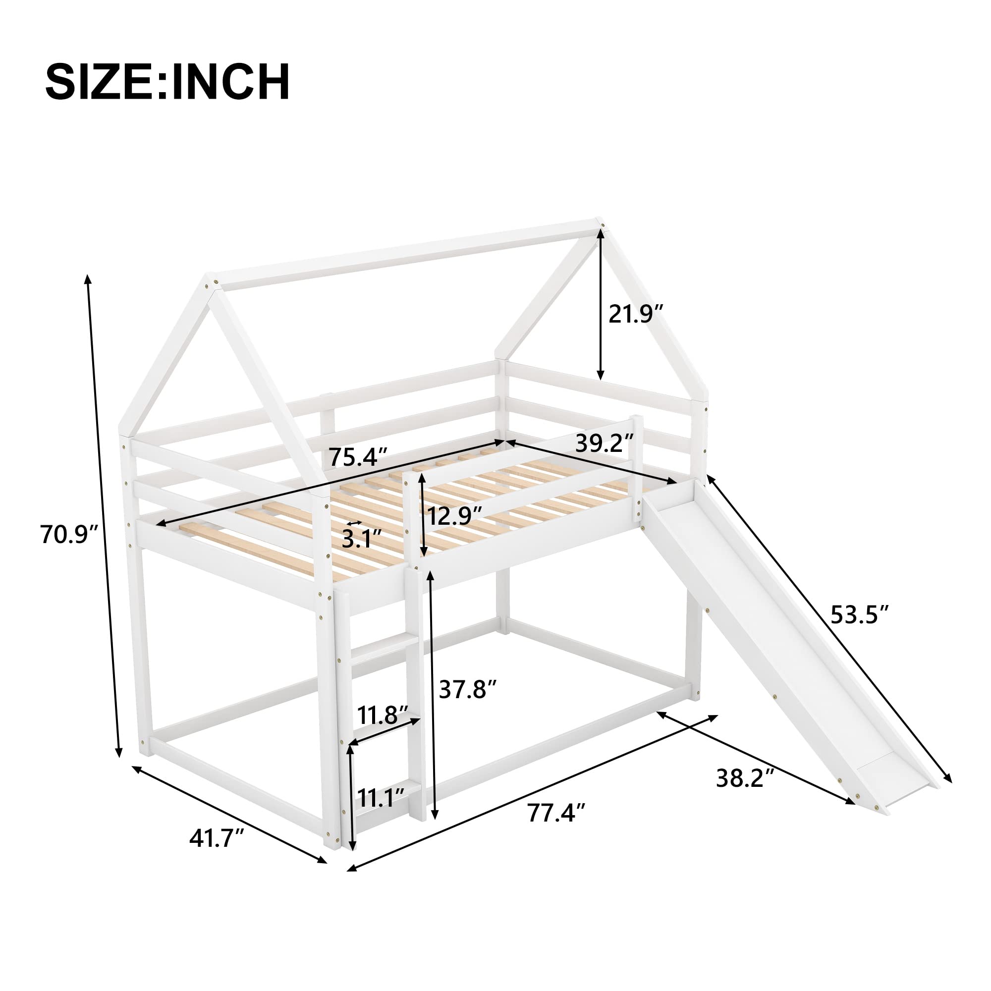 MERITLINE House Bunk Bed with Slide, Twin Bunk Beds for Kids,Wood Bunk Beds with Slide and Roof, Slide Bunk Bed with Ladder for Girls, Boys,White