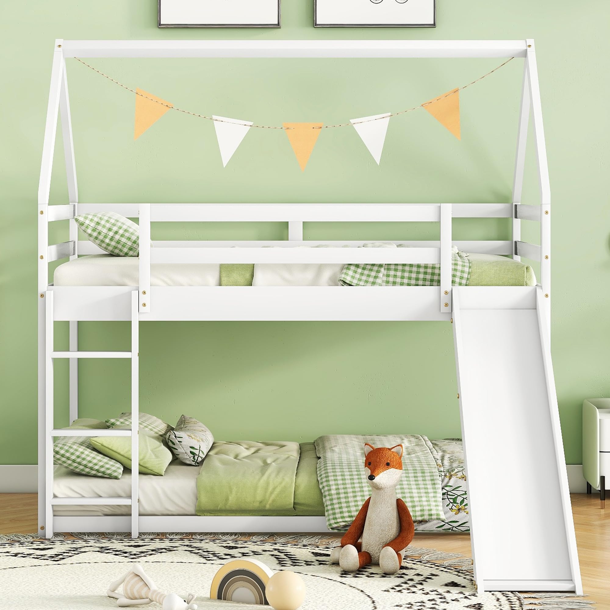 MERITLINE House Bunk Bed with Slide, Twin Bunk Beds for Kids,Wood Bunk Beds with Slide and Roof, Slide Bunk Bed with Ladder for Girls, Boys,White