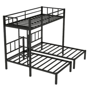 bellemave metal triple bunk beds frame, twin over twin & twin bunk bed with guardrails, can be separated into 3 twin beds for kids, teens, adults, no box spring needed (black)