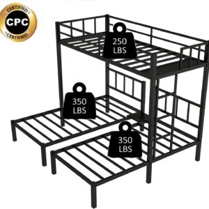 Bellemave Metal Triple Bunk Beds Frame, Twin Over Twin & Twin Bunk Bed with Guardrails, Can Be Separated into 3 Twin Beds for Kids, Teens, Adults, No Box Spring Needed (Black)