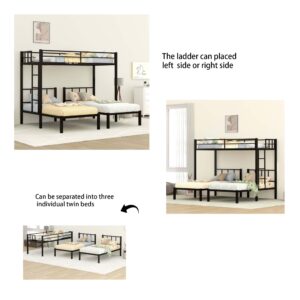 Bellemave Metal Triple Bunk Beds Frame, Twin Over Twin & Twin Bunk Bed with Guardrails, Can Be Separated into 3 Twin Beds for Kids, Teens, Adults, No Box Spring Needed (Black)