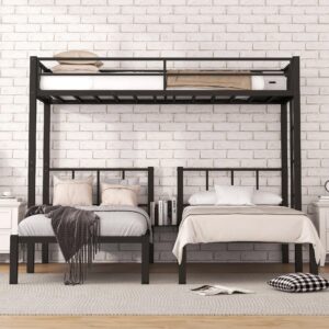 Bellemave Metal Triple Bunk Beds Frame, Twin Over Twin & Twin Bunk Bed with Guardrails, Can Be Separated into 3 Twin Beds for Kids, Teens, Adults, No Box Spring Needed (Black)