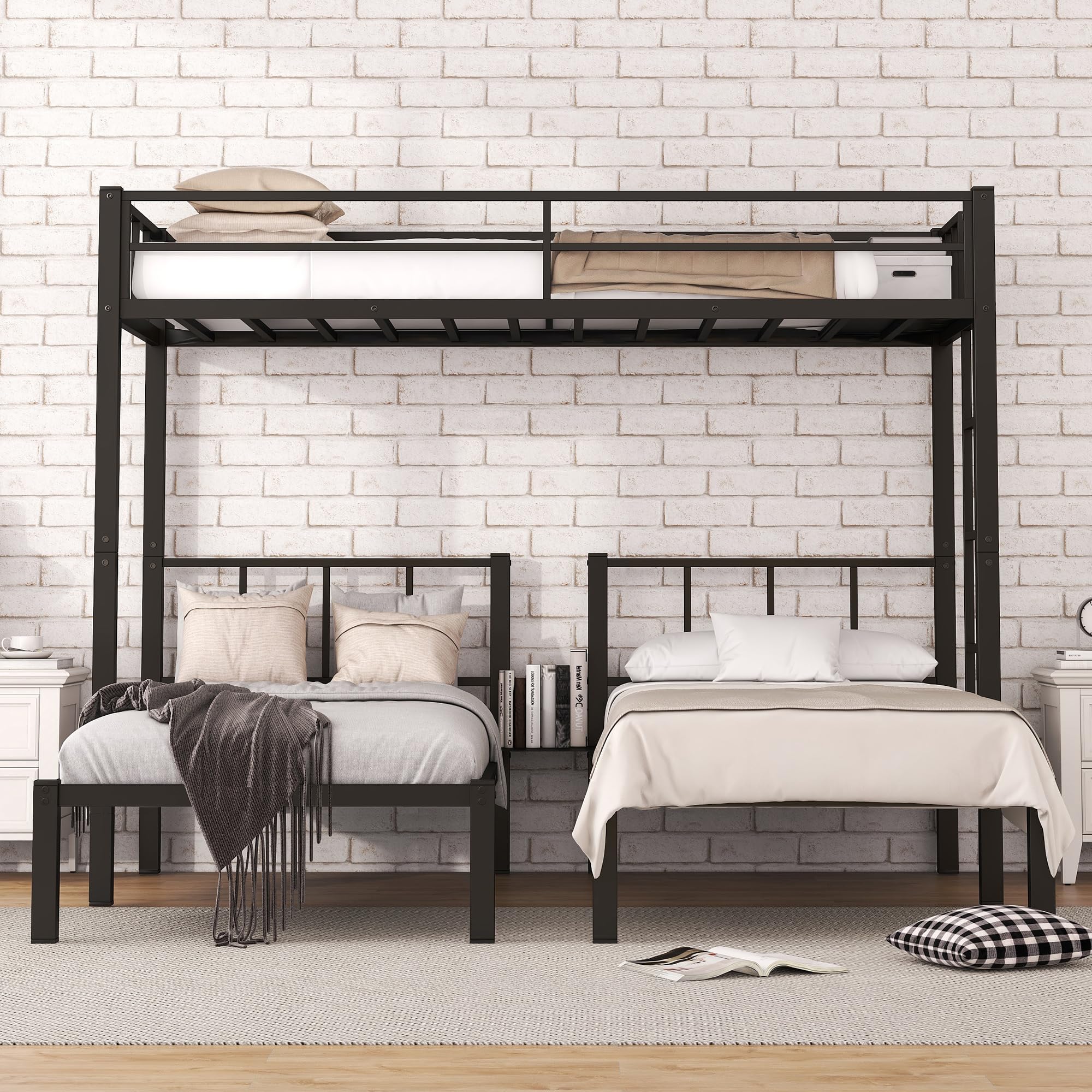 Bellemave Metal Triple Bunk Beds Frame, Twin Over Twin & Twin Bunk Bed with Guardrails, Can Be Separated into 3 Twin Beds for Kids, Teens, Adults, No Box Spring Needed (Black)