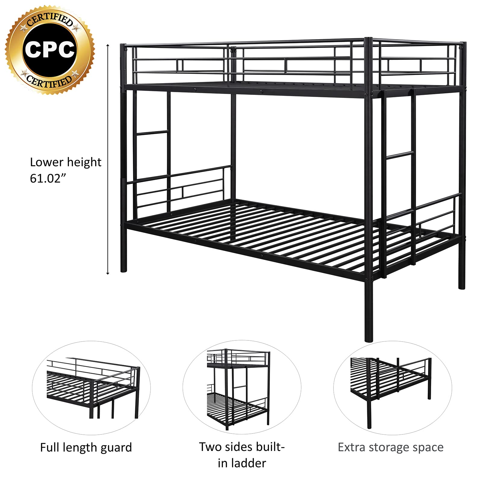 CALABASH Bunk Beds Twin Over Twin, Heavy Duty Twin Size Metal Bunk Bed Frame with Guardrail & Ladders, Space-Saving, Noise Free, No Box Spring Needed (Black)