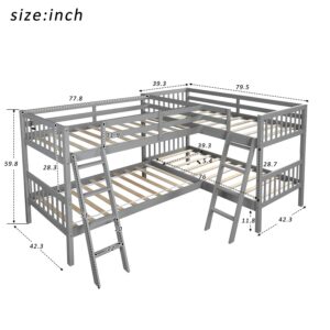 Harper & Bright Designs L-Shaped Twin Size Bunk Bed and Loft Bed, Solid Wood Twin Bunk Bed Loft Bed with Guardrail and Two Ladders for 4 Person (Grey)