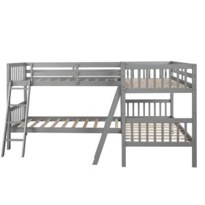 Harper & Bright Designs L-Shaped Twin Size Bunk Bed and Loft Bed, Solid Wood Twin Bunk Bed Loft Bed with Guardrail and Two Ladders for 4 Person (Grey)