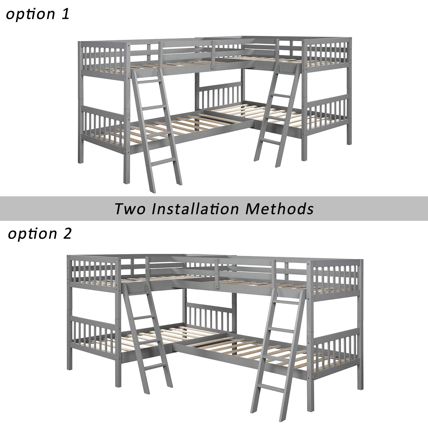 Harper & Bright Designs L-Shaped Twin Size Bunk Bed and Loft Bed, Solid Wood Twin Bunk Bed Loft Bed with Guardrail and Two Ladders for 4 Person (Grey)