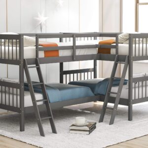 Harper & Bright Designs L-Shaped Twin Size Bunk Bed and Loft Bed, Solid Wood Twin Bunk Bed Loft Bed with Guardrail and Two Ladders for 4 Person (Grey)