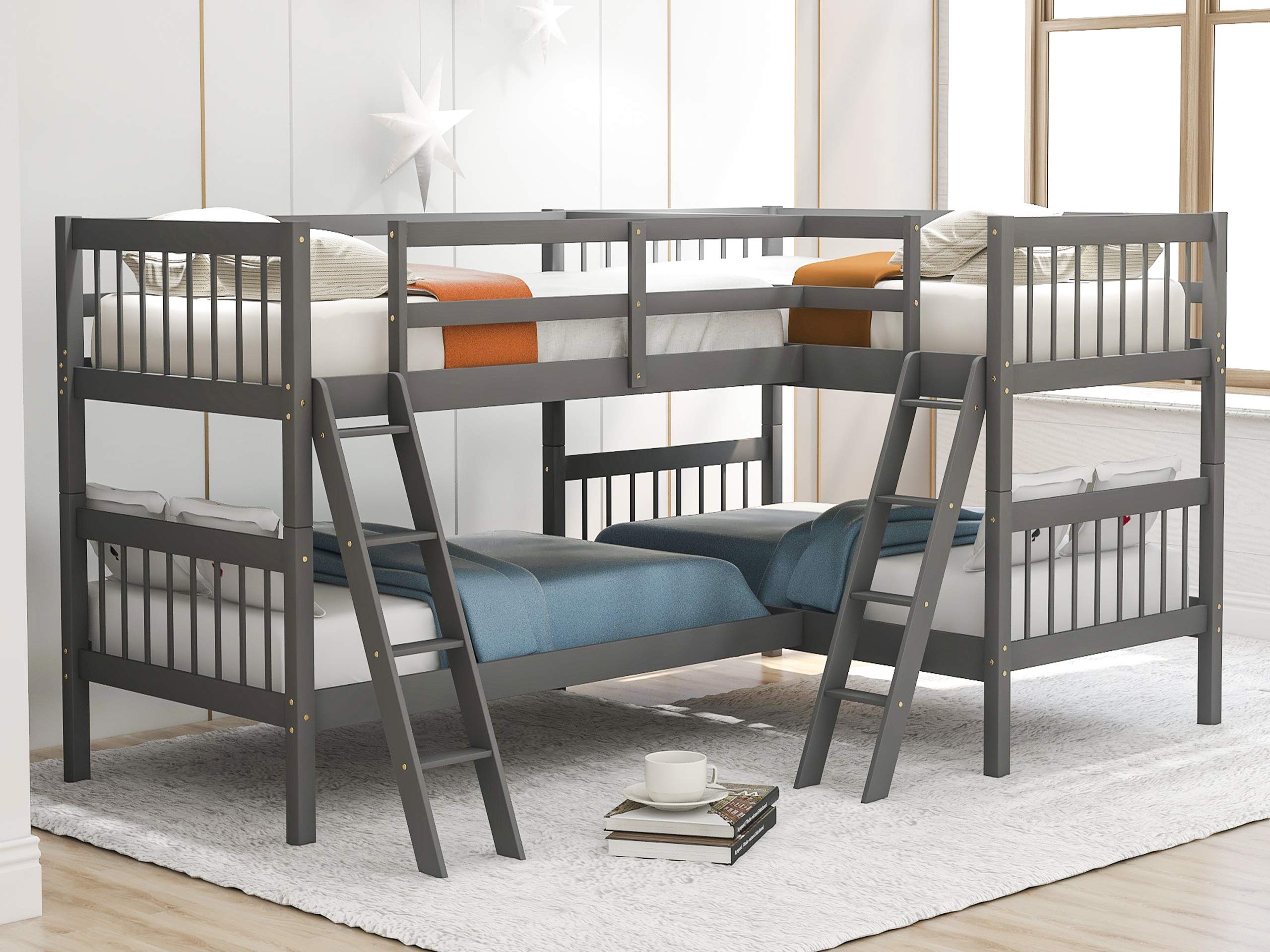 Harper & Bright Designs L-Shaped Twin Size Bunk Bed and Loft Bed, Solid Wood Twin Bunk Bed Loft Bed with Guardrail and Two Ladders for 4 Person (Grey)