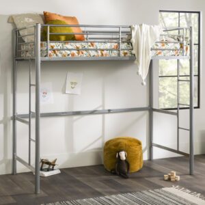 Walker Edison Silver Metal Twin over Loft Bunk Bed Twin Size Bedframe with Ladder Computer Gaming Desk