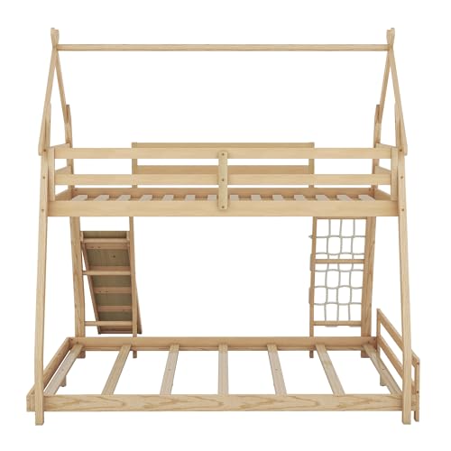 Merax Twin over Queen House Bunk Bed Solid Wood Frame with Climbing Nets and Climbing Ramp for Boys Girls and Teens,Natural