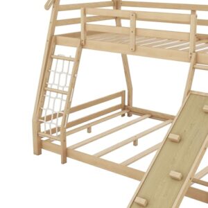 Merax Twin over Queen House Bunk Bed Solid Wood Frame with Climbing Nets and Climbing Ramp for Boys Girls and Teens,Natural