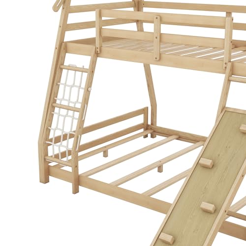 Merax Twin over Queen House Bunk Bed Solid Wood Frame with Climbing Nets and Climbing Ramp for Boys Girls and Teens,Natural