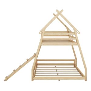 Merax Twin over Queen House Bunk Bed Solid Wood Frame with Climbing Nets and Climbing Ramp for Boys Girls and Teens,Natural