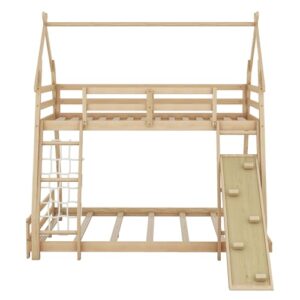 Merax Twin over Queen House Bunk Bed Solid Wood Frame with Climbing Nets and Climbing Ramp for Boys Girls and Teens,Natural