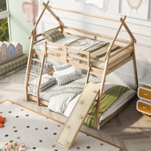 Merax Twin over Queen House Bunk Bed Solid Wood Frame with Climbing Nets and Climbing Ramp for Boys Girls and Teens,Natural