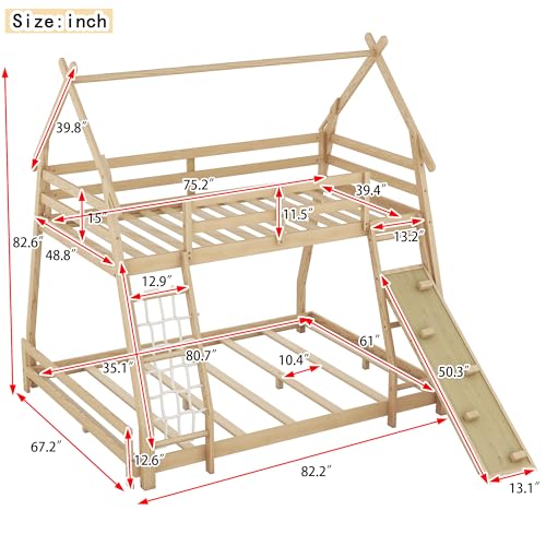 Merax Twin over Queen House Bunk Bed Solid Wood Frame with Climbing Nets and Climbing Ramp for Boys Girls and Teens,Natural