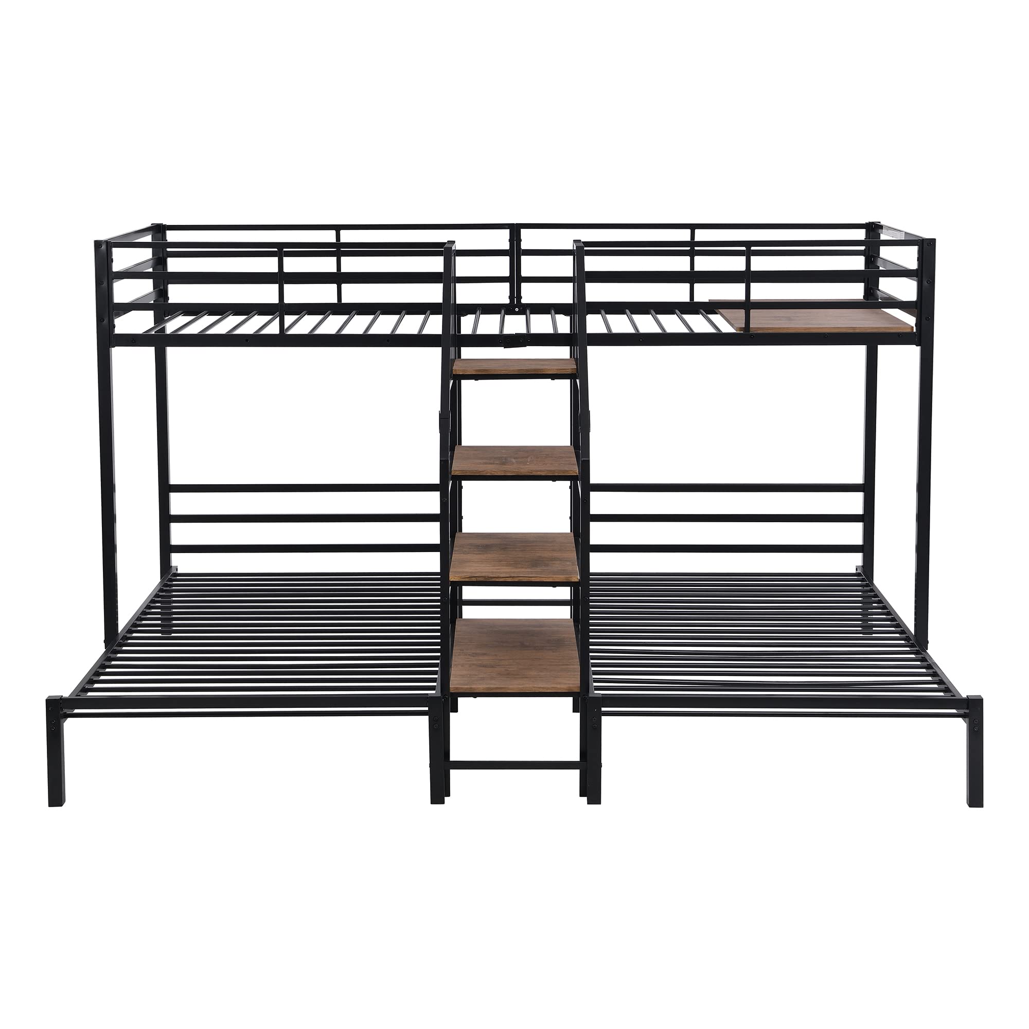 SOFTSEA L-Shaped Triple Bunk Bed for 3 Kids Twin Over Two Twin Metal Bunk Bed Frame with Storage Shelves Staircase, No Box Spring Needed