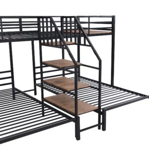 SOFTSEA L-Shaped Triple Bunk Bed for 3 Kids Twin Over Two Twin Metal Bunk Bed Frame with Storage Shelves Staircase, No Box Spring Needed