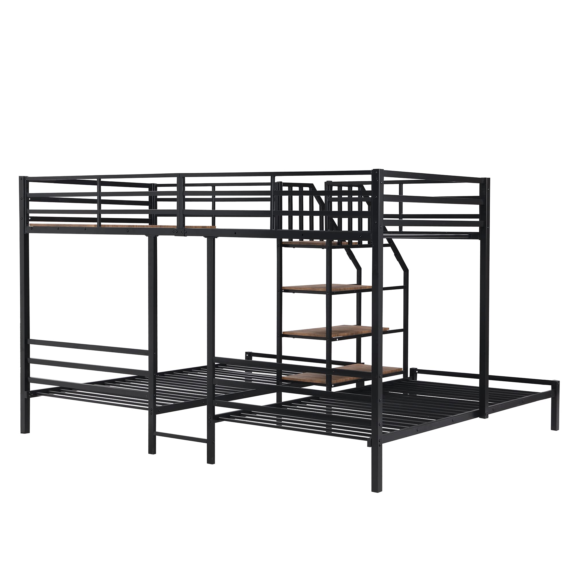 SOFTSEA L-Shaped Triple Bunk Bed for 3 Kids Twin Over Two Twin Metal Bunk Bed Frame with Storage Shelves Staircase, No Box Spring Needed