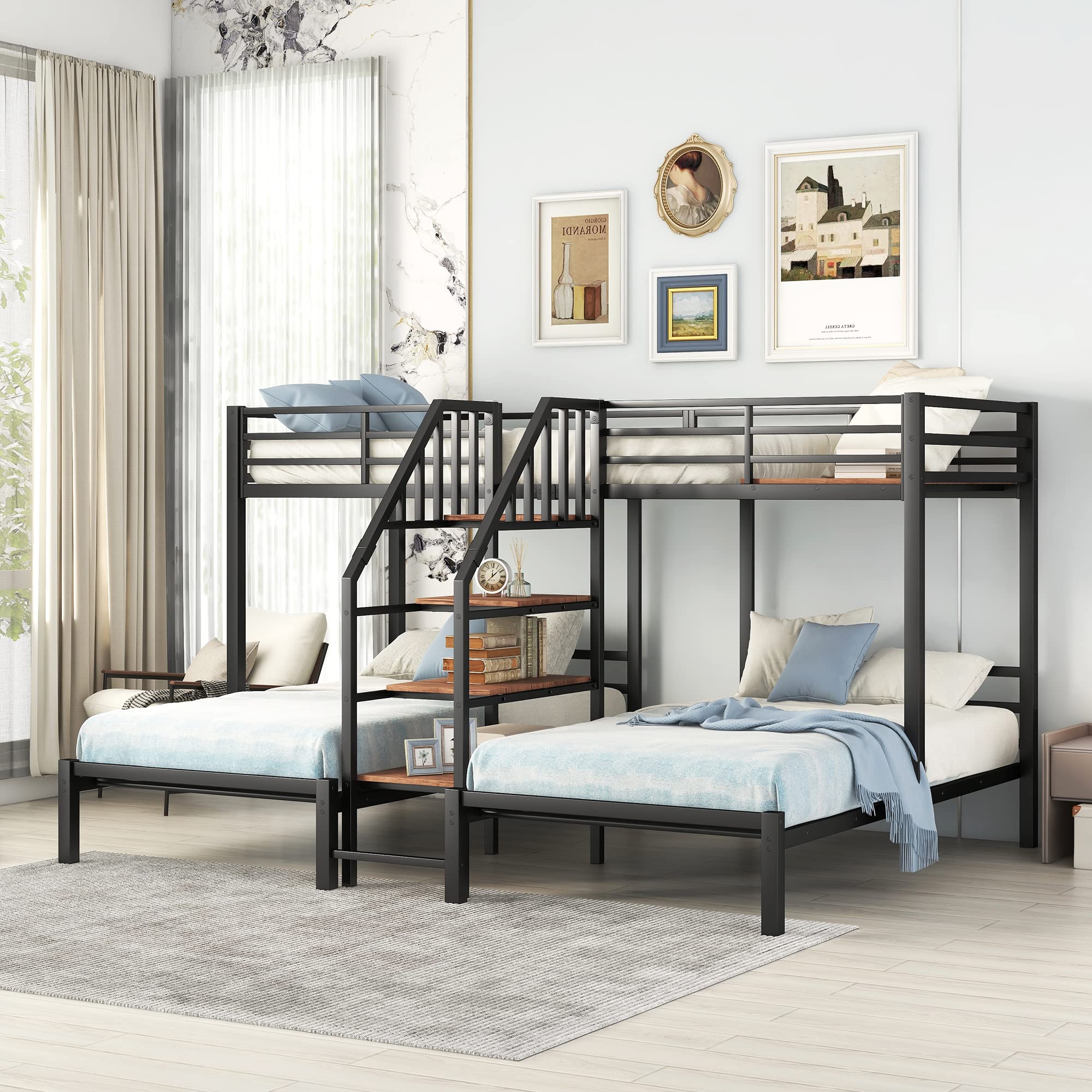 SOFTSEA L-Shaped Triple Bunk Bed for 3 Kids Twin Over Two Twin Metal Bunk Bed Frame with Storage Shelves Staircase, No Box Spring Needed