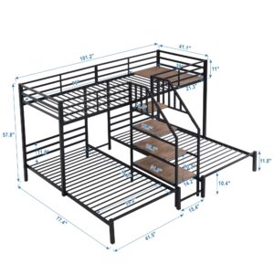 SOFTSEA L-Shaped Triple Bunk Bed for 3 Kids Twin Over Two Twin Metal Bunk Bed Frame with Storage Shelves Staircase, No Box Spring Needed