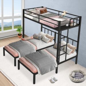 inclake triple bunk bed, metal twin over twin & twin bunk beds for 3 with guardrails, ladder & upper-bed platform, detachable 3 bunk beds for children, teens, adults, no box spring needed, black