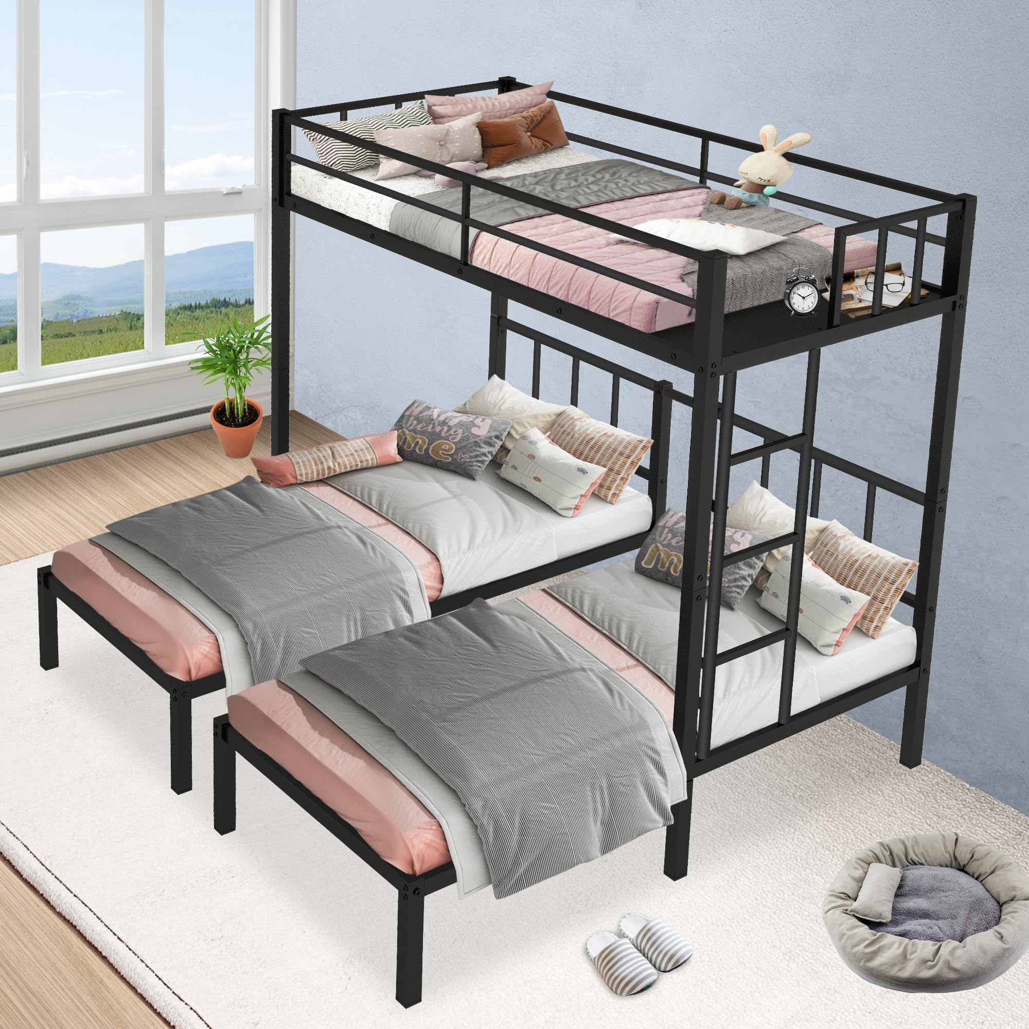 INCLAKE Triple Bunk Bed, Metal Twin Over Twin & Twin Bunk Beds for 3 with Guardrails, Ladder & Upper-Bed Platform, Detachable 3 Bunk Beds for Children, Teens, Adults, No Box Spring Needed, Black