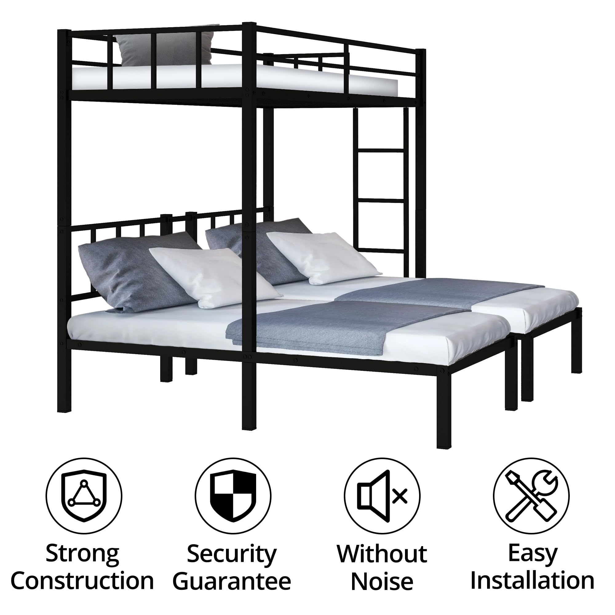 INCLAKE Triple Bunk Bed, Metal Twin Over Twin & Twin Bunk Beds for 3 with Guardrails, Ladder & Upper-Bed Platform, Detachable 3 Bunk Beds for Children, Teens, Adults, No Box Spring Needed, Black