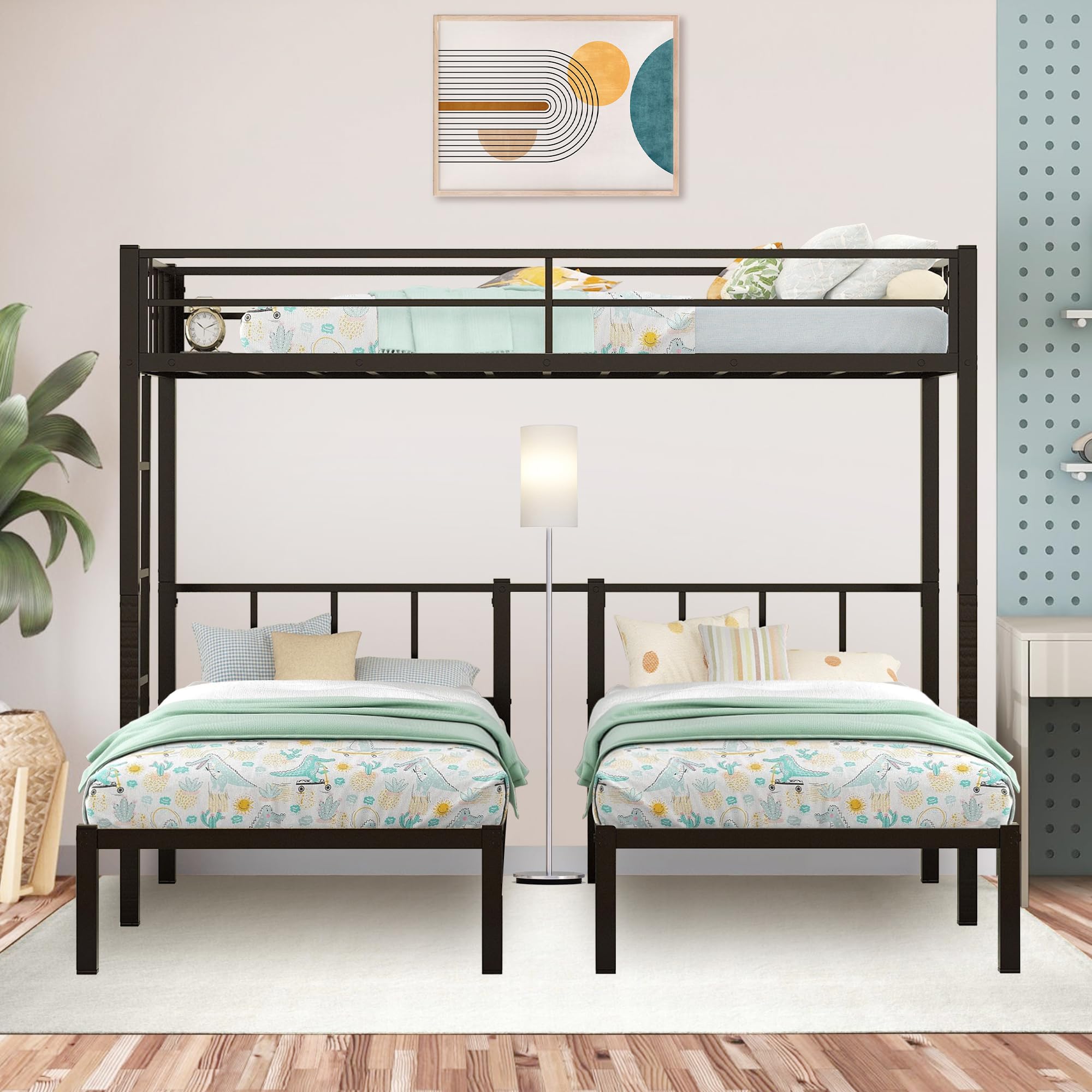 INCLAKE Triple Bunk Bed, Metal Twin Over Twin & Twin Bunk Beds for 3 with Guardrails, Ladder & Upper-Bed Platform, Detachable 3 Bunk Beds for Children, Teens, Adults, No Box Spring Needed, Black