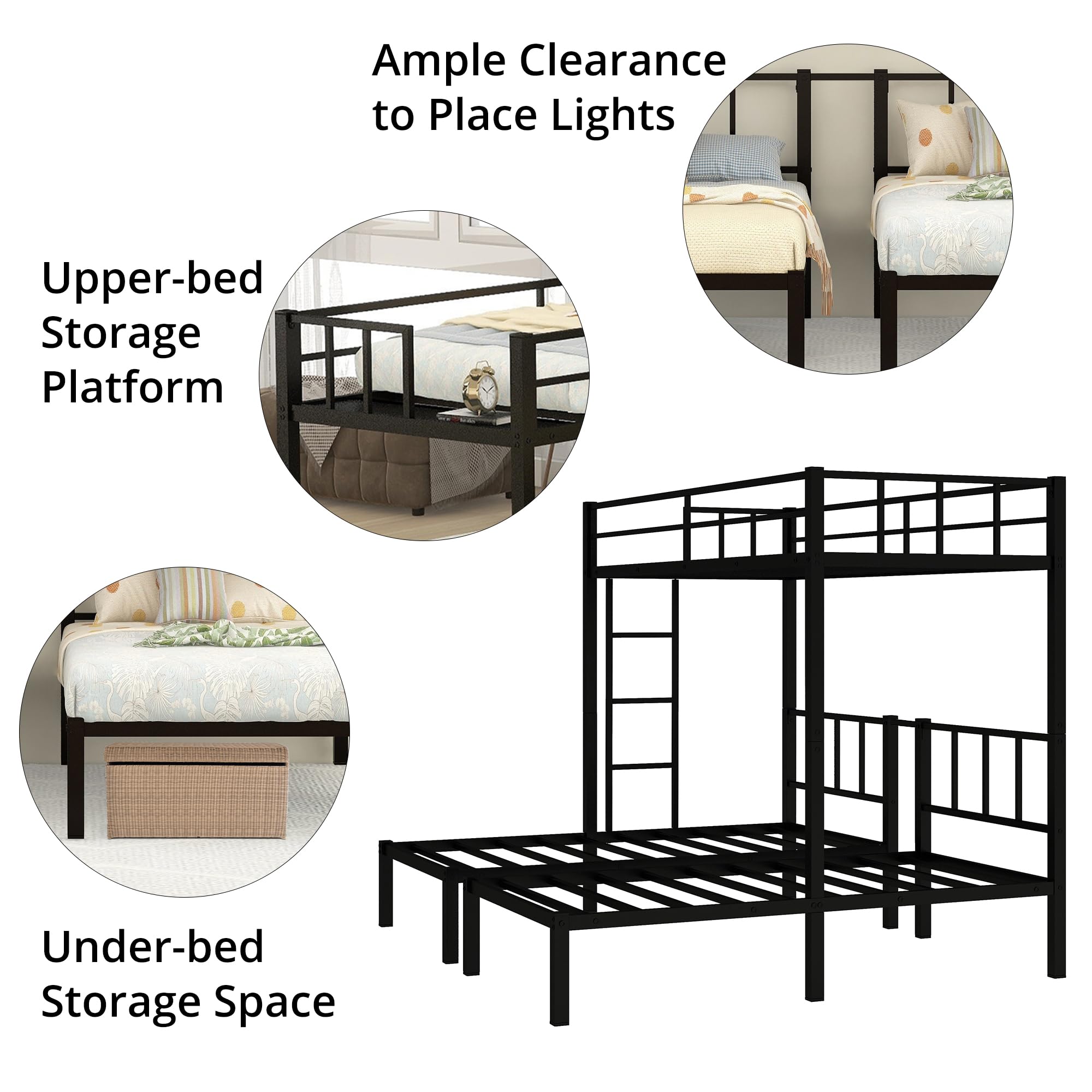 INCLAKE Triple Bunk Bed, Metal Twin Over Twin & Twin Bunk Beds for 3 with Guardrails, Ladder & Upper-Bed Platform, Detachable 3 Bunk Beds for Children, Teens, Adults, No Box Spring Needed, Black